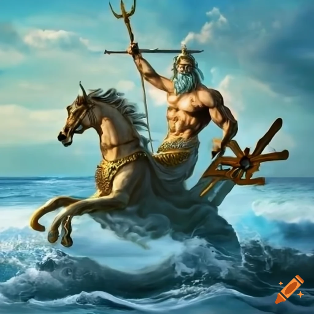 Greek god Poseidon riding his chariot on the seas on Craiyon