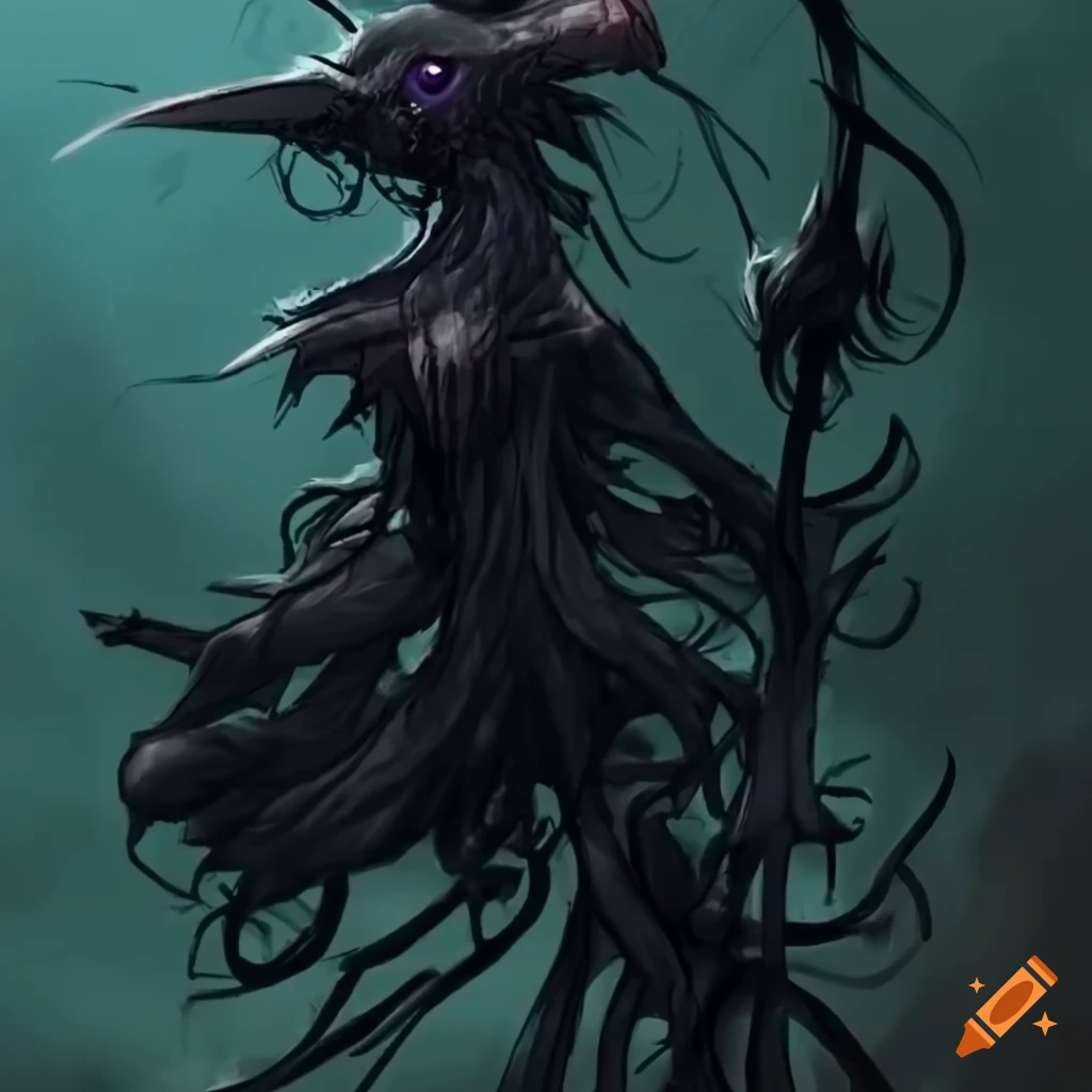 Black wispy eldritch smoke monster with yellow eyes and a beak on Craiyon