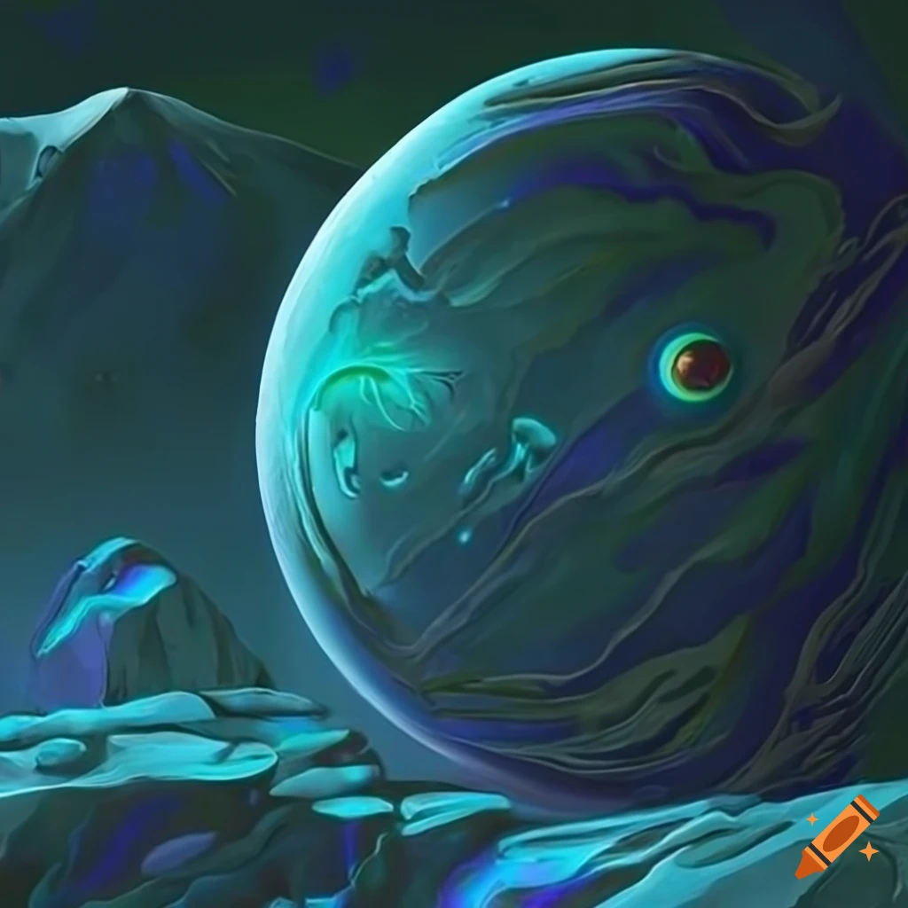 Alien planet with vibrant blue glowing flora and rocky terrain on Craiyon