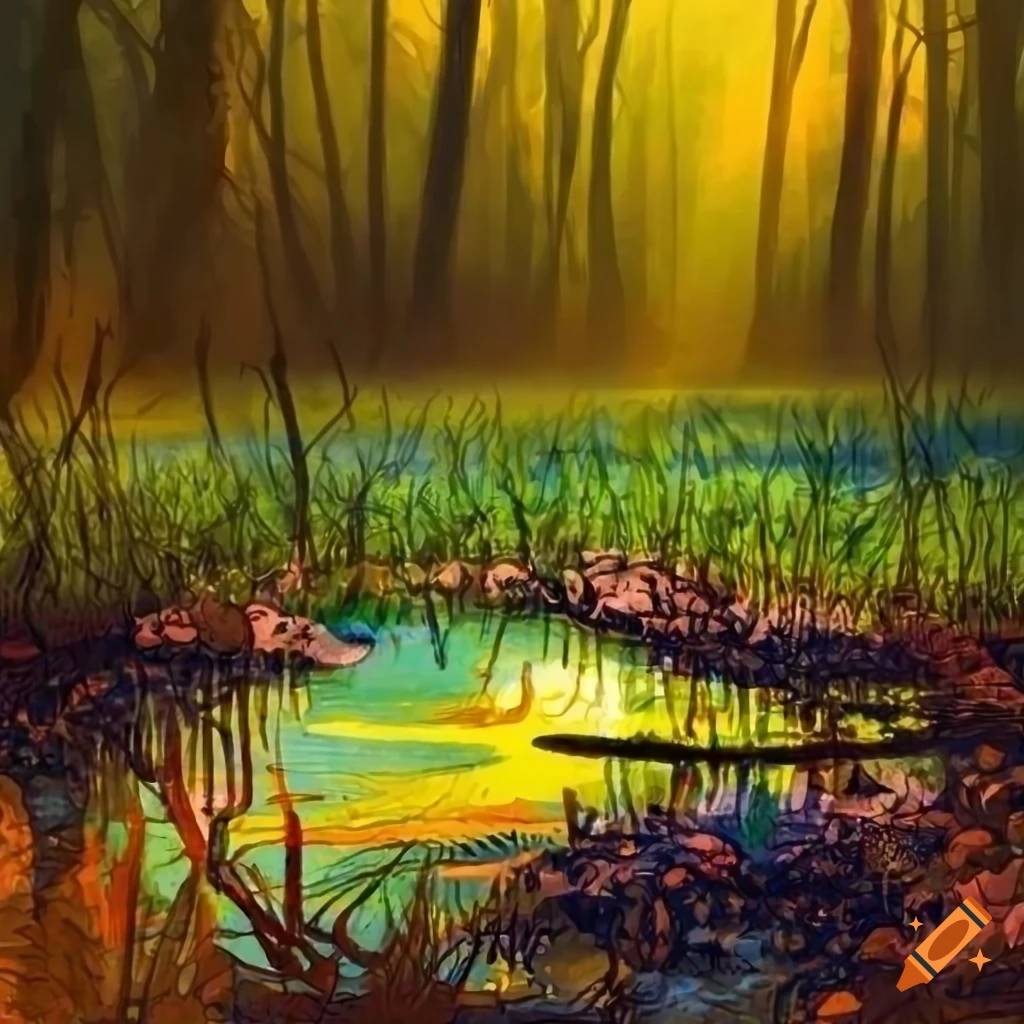 Colorful detailed drawing of a pond in the forest with a tadpole on Craiyon