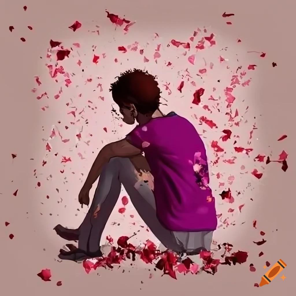 Young man turning back to begging lady with crushed roses scattered on ...