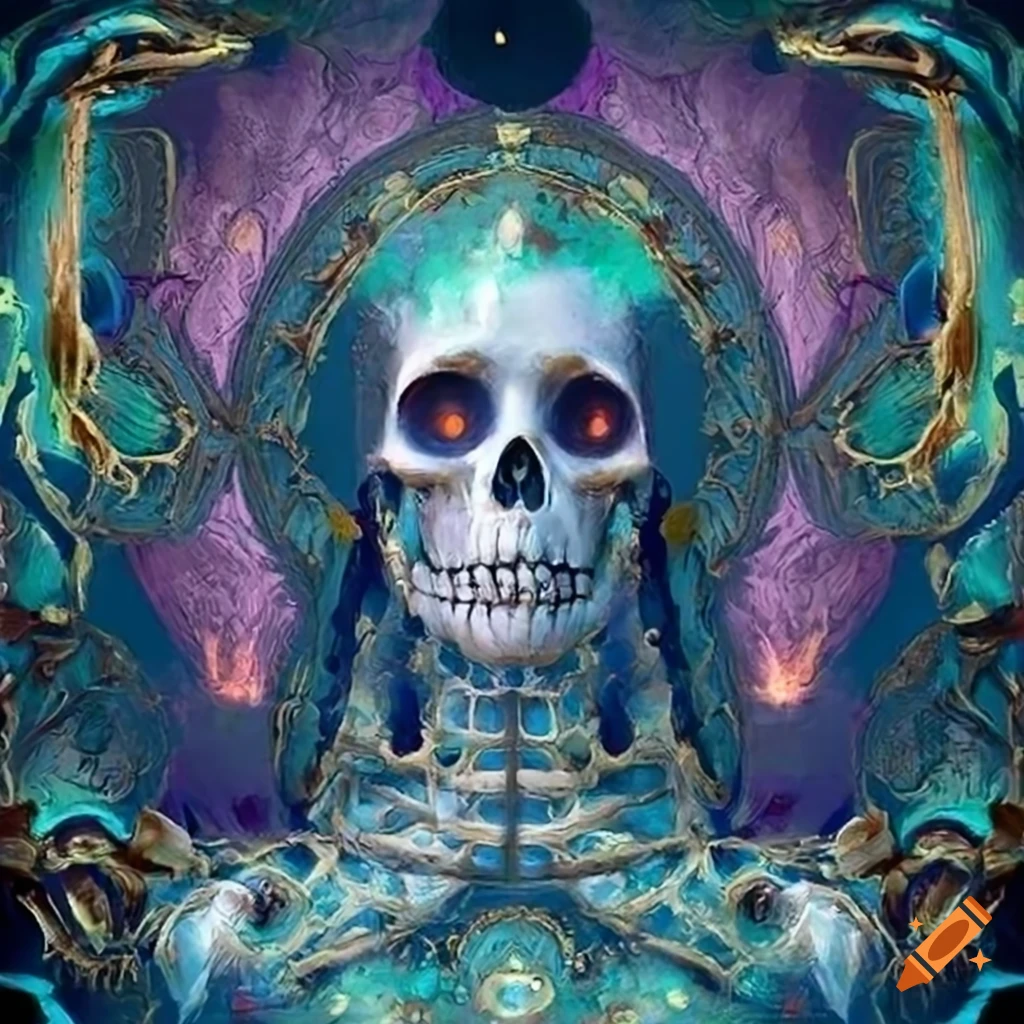 Ghostly skeleton in ethereal armor emerging from human body engulfed in ...