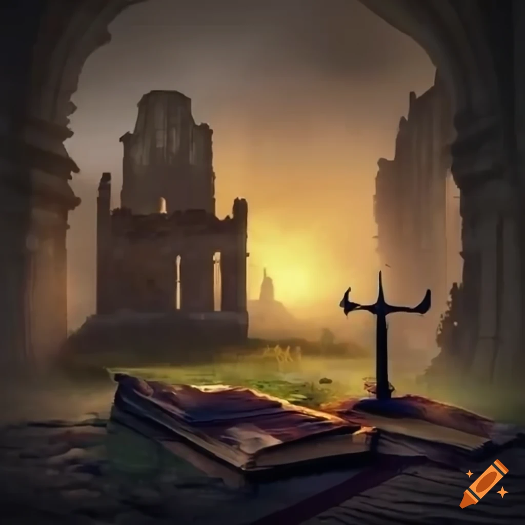 Ancient treasure hunter scene with decaying ruins, sword, and book in ...