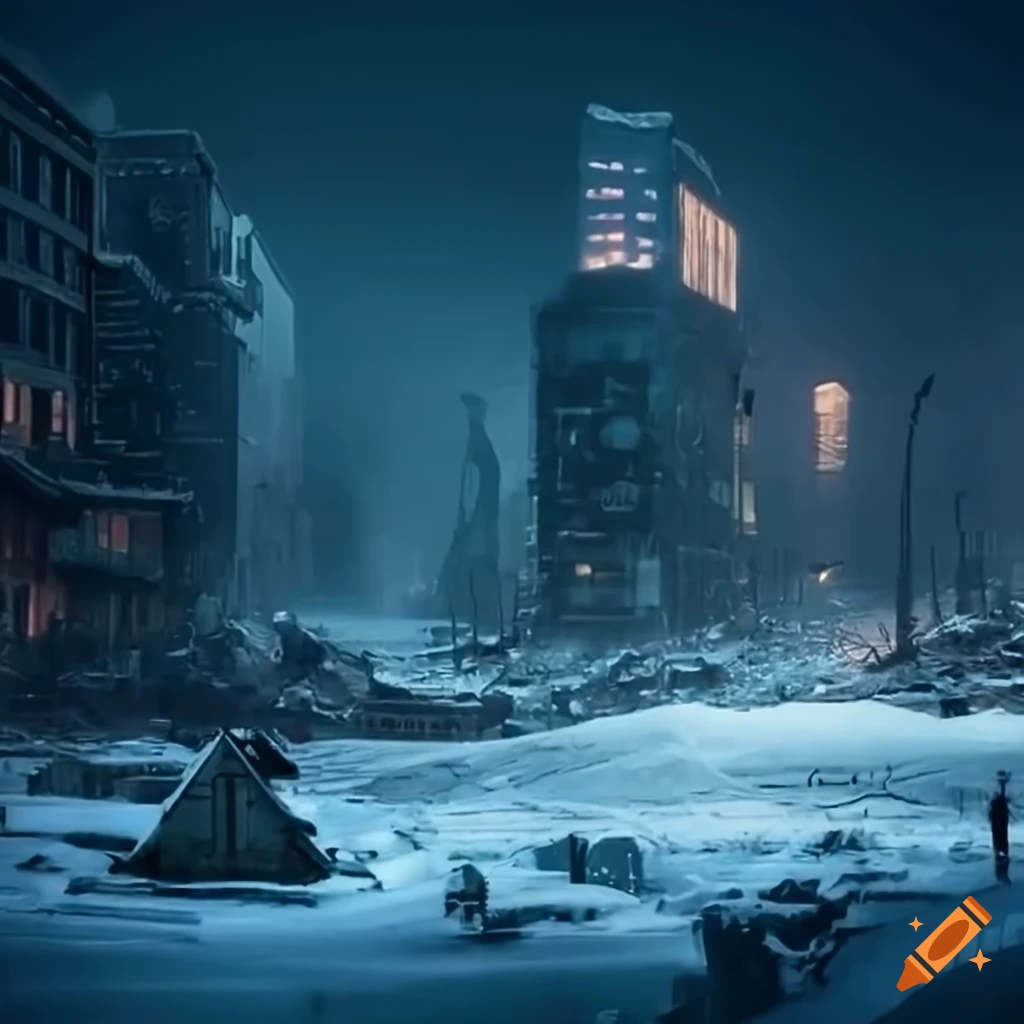 Sci-fi arctic city post-earthquake with snow drifts and ruins on Craiyon