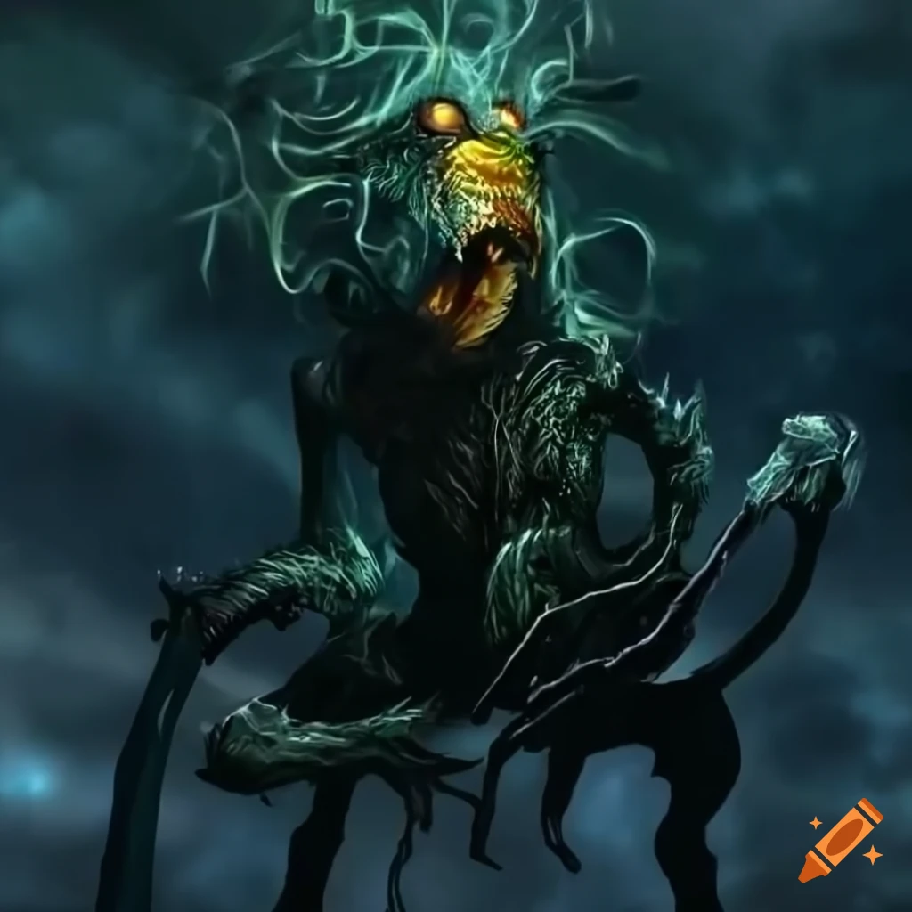 Black wispy eldritch smoke monster with yellow eyes and a beak on Craiyon