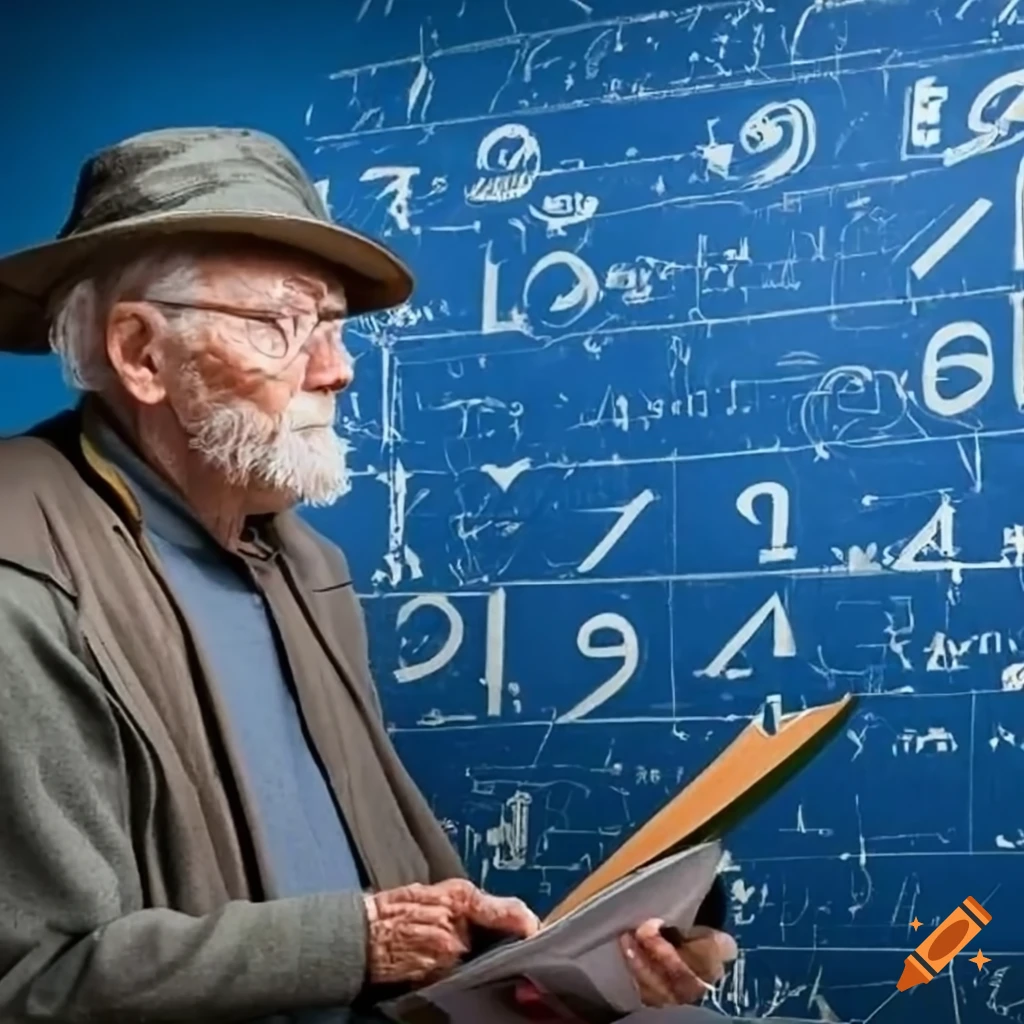 Elderly wise professor examining mathematical equations in his study on ...