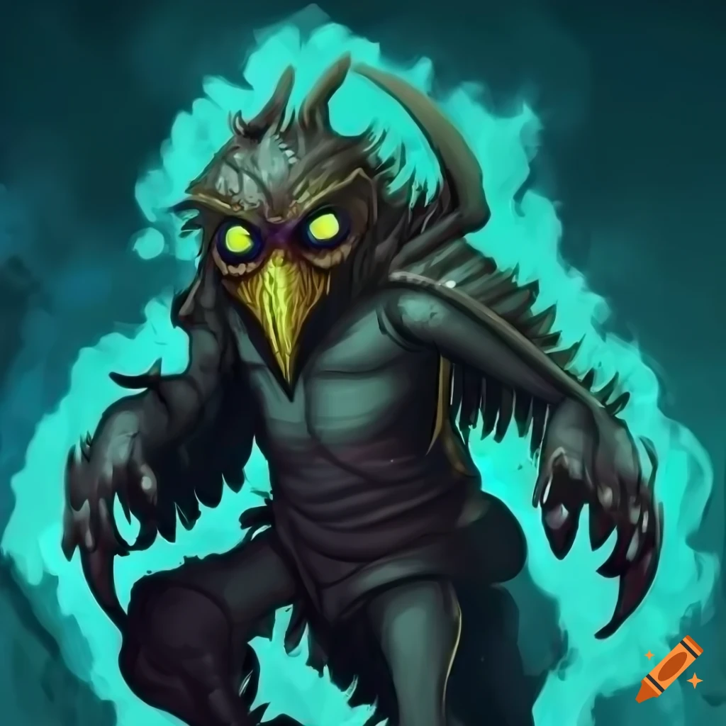 Eldritch smoke monster with yellow eyes and a beak on Craiyon