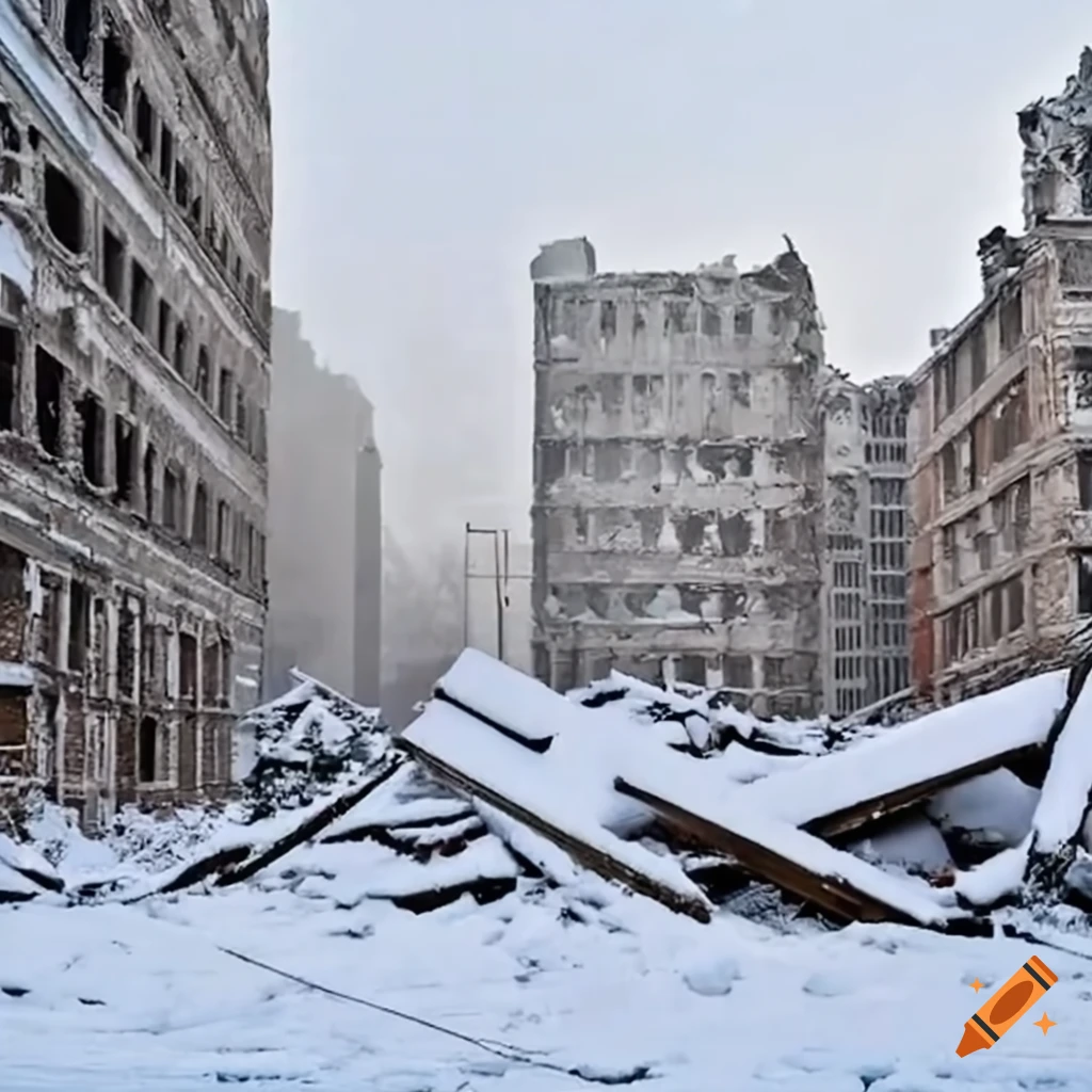 Snow covered ruins of a city destroyed by natural disasters and ...
