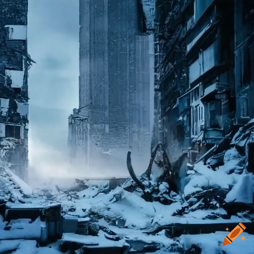 Snow covered ruins of a city with damaged mecha and hologram signage on ...