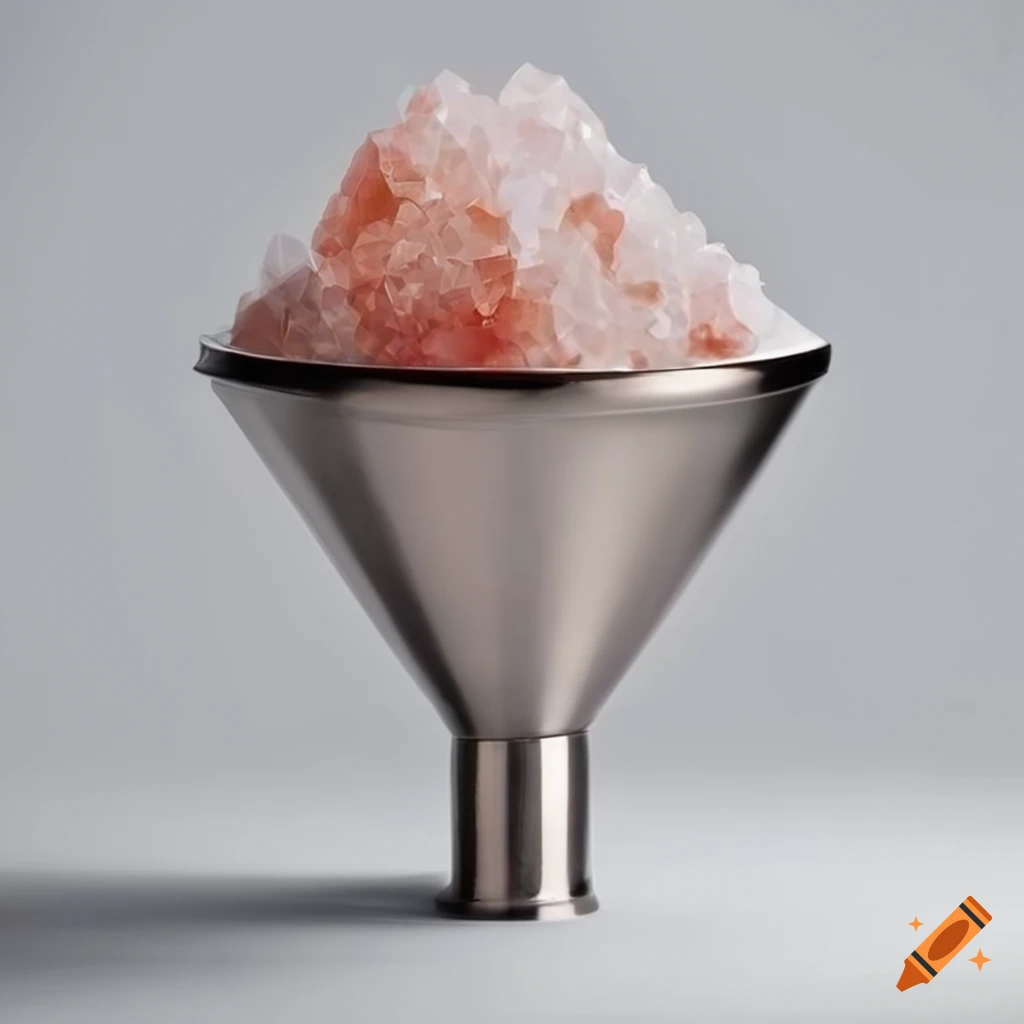 Stainless steel funnel with rock salt crystals on white background on ...