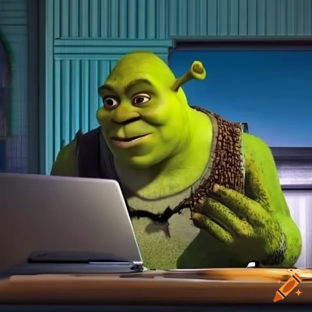 Shrek coding at his cluttered desk with glasses on on Craiyon