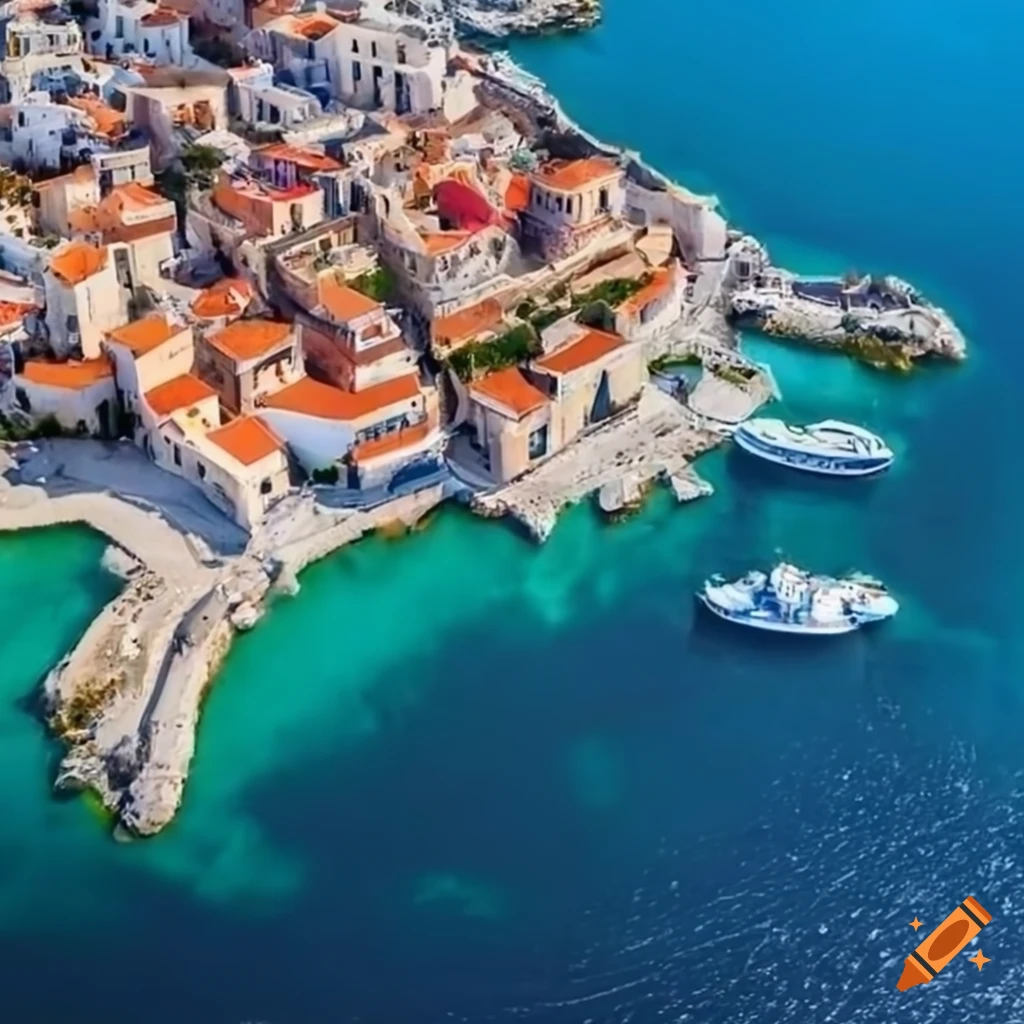 Bird's-eye view of vibrant ancient Greek port by the Mediterranean Sea ...