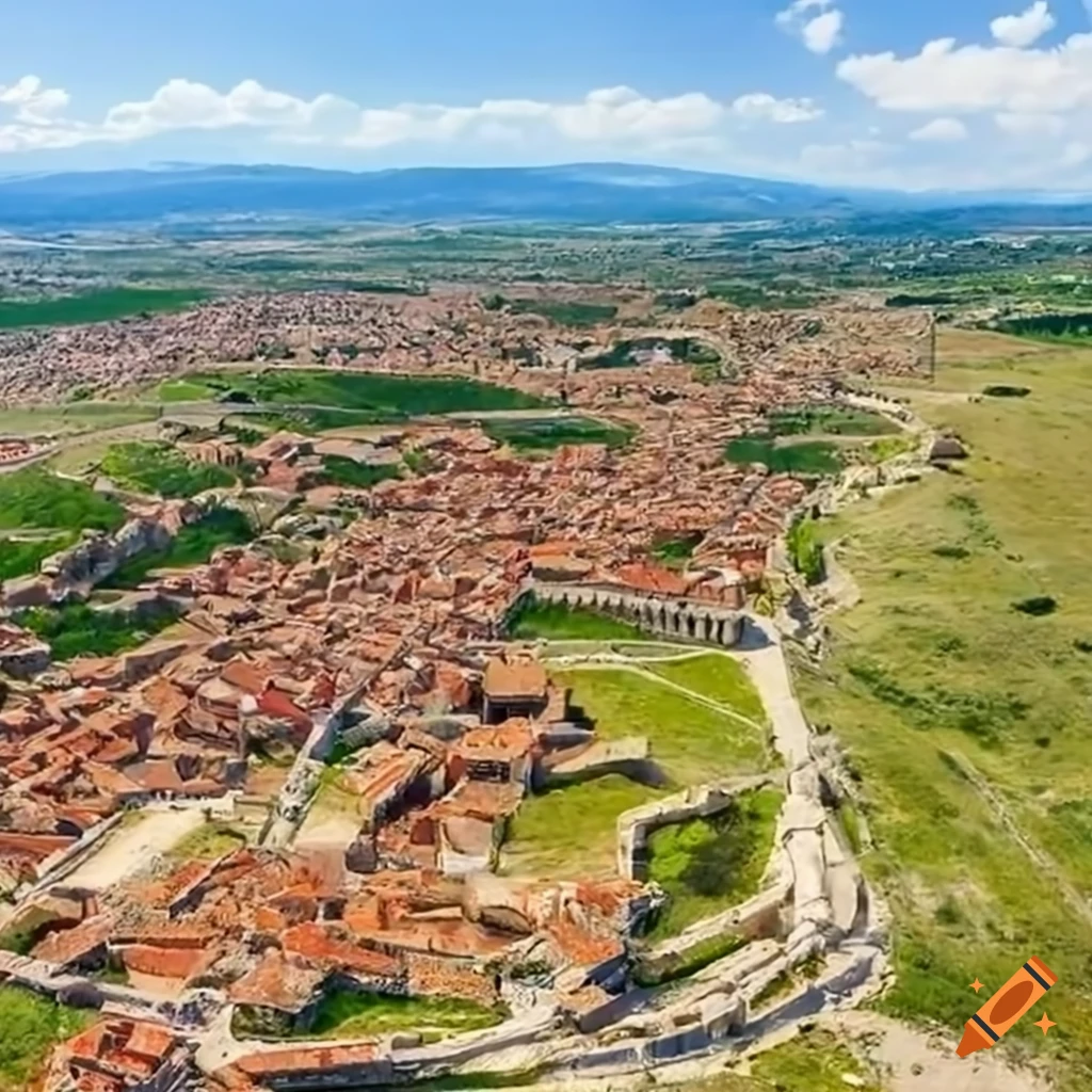 Aerial view of an ancient macedonian city in a landscape setting on Craiyon