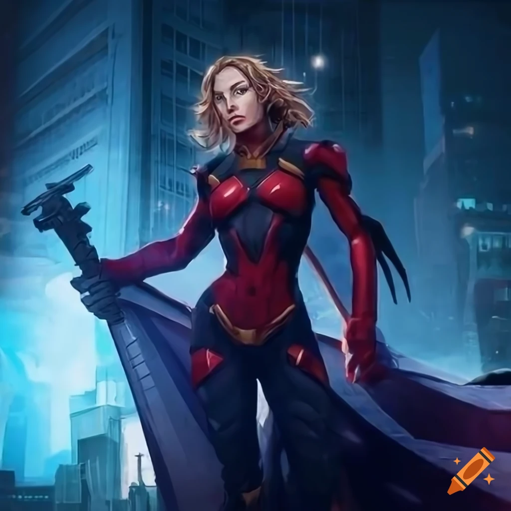 Pretty OC superheroine in the city with a detailed costume on Craiyon