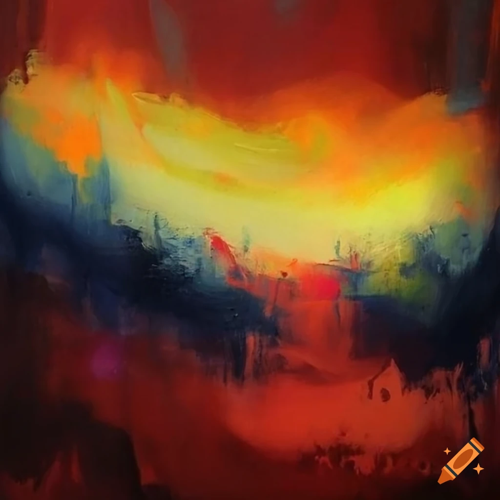 Abstract tonalism landscape with heavy outlines in thick acrylic paint ...