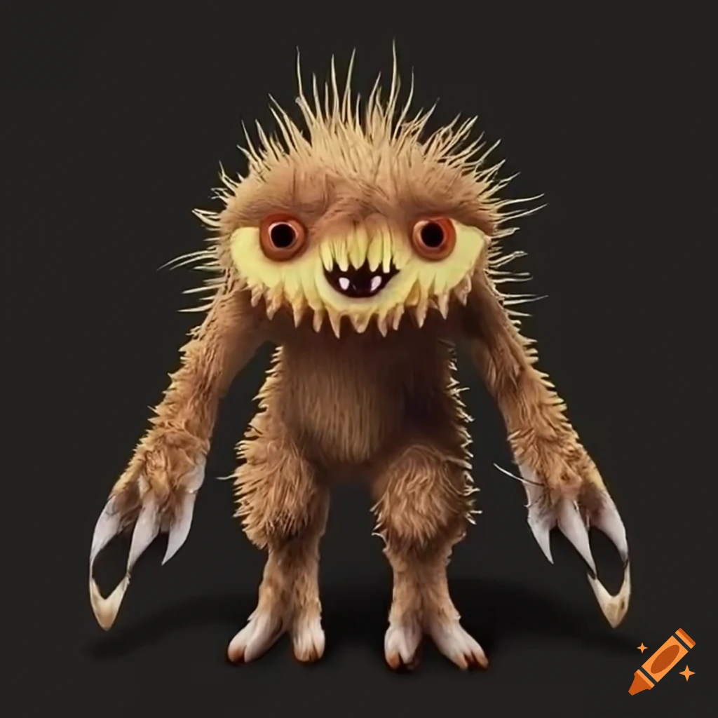 Child-friendly monster with long teeth, brown claws, shaggy hair, four ...