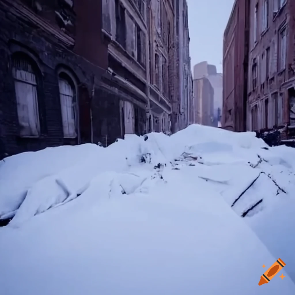 Debris and collapsed buildings in a snow-covered ruined city street on ...