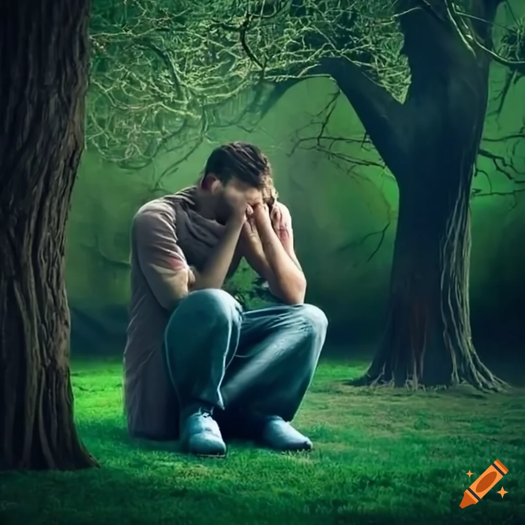 Man sitting under a beautiful tree looking disturbed and worried on Craiyon