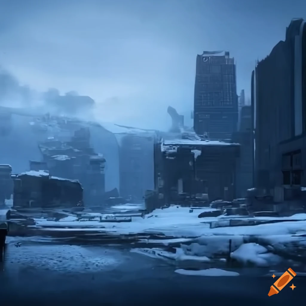 Arctic city after earthquake destruction with snow drifts on Craiyon