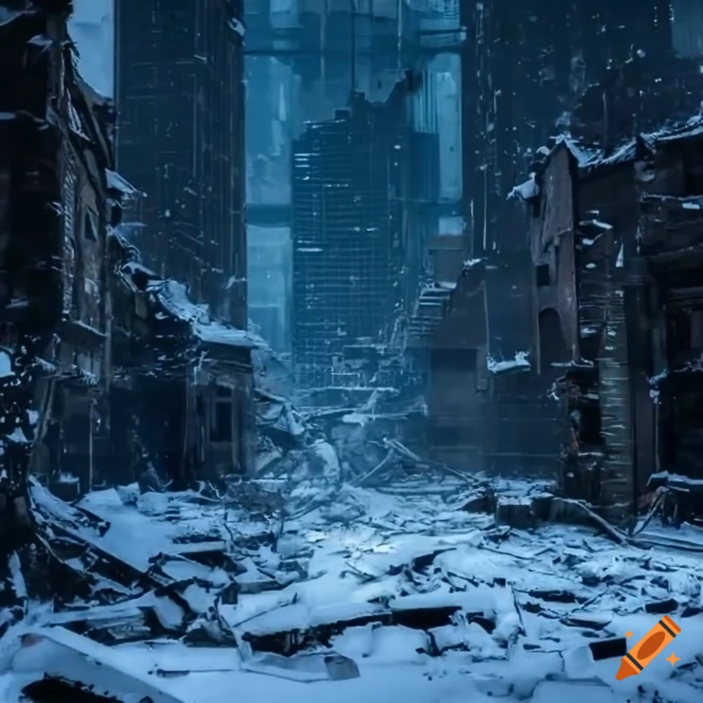 Snow covered ruins of a war-destroyed city with damaged mecha and ...