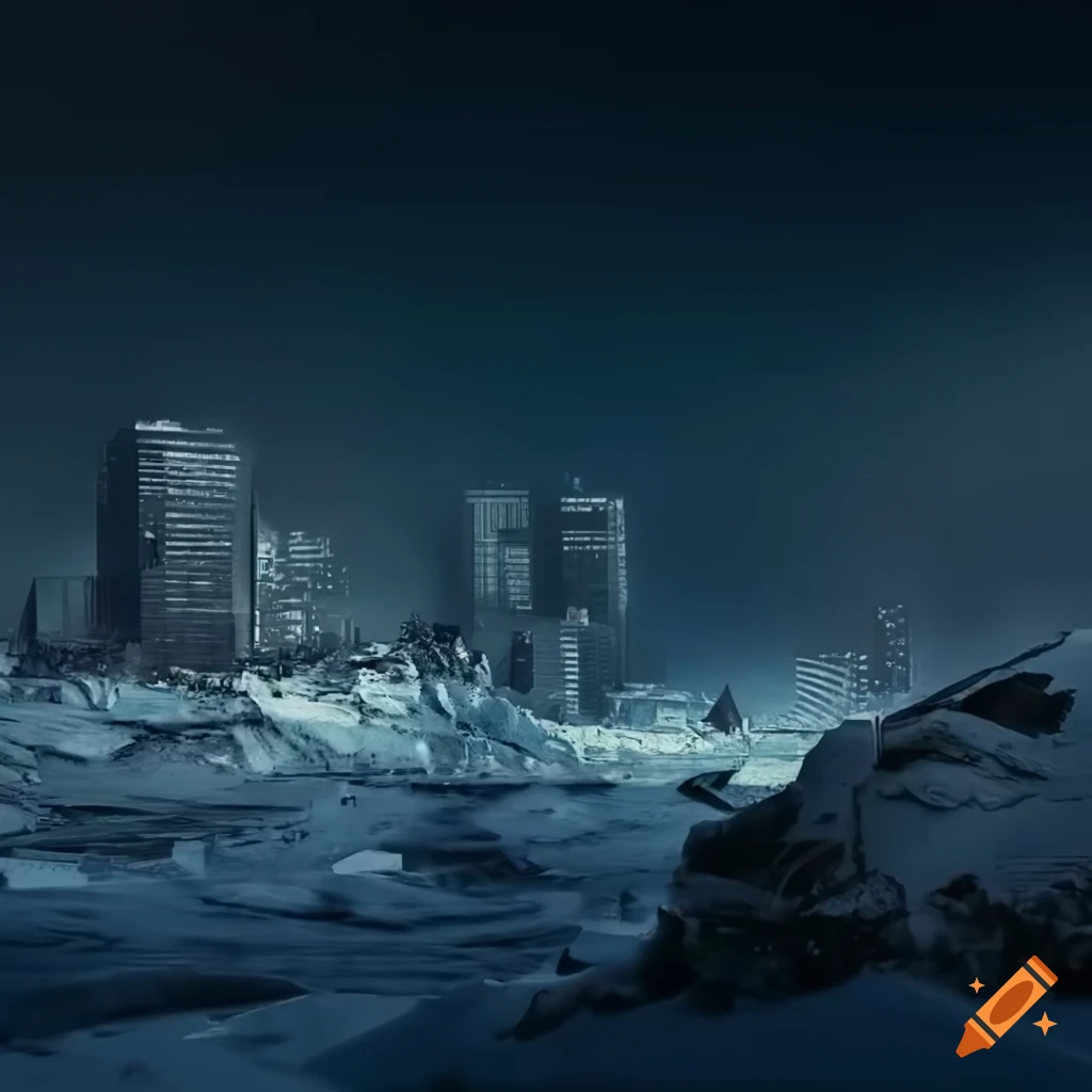 Arctic city after earthquake destruction with snow drifts on Craiyon