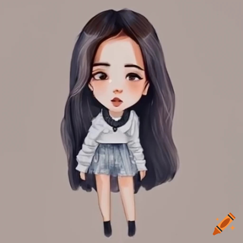 Blackpink Jisoo in white clothes with long black hair in chibi style on ...