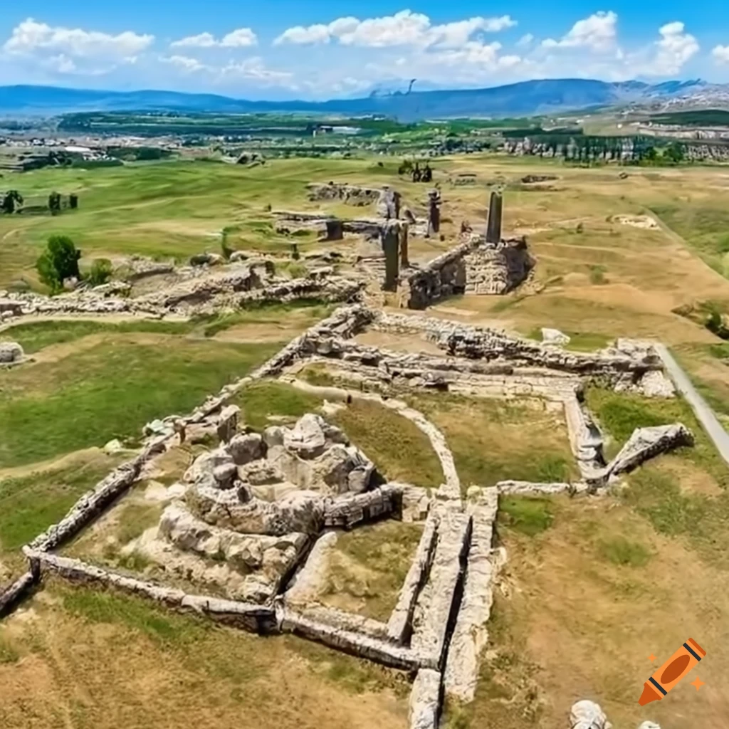 Aerial view of an ancient macedonian city in a landscape setting on Craiyon