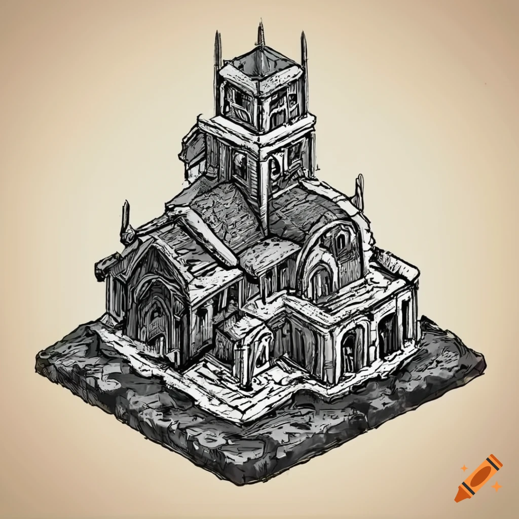 Monastery RPG map isometric icon in black and white ink art on Craiyon