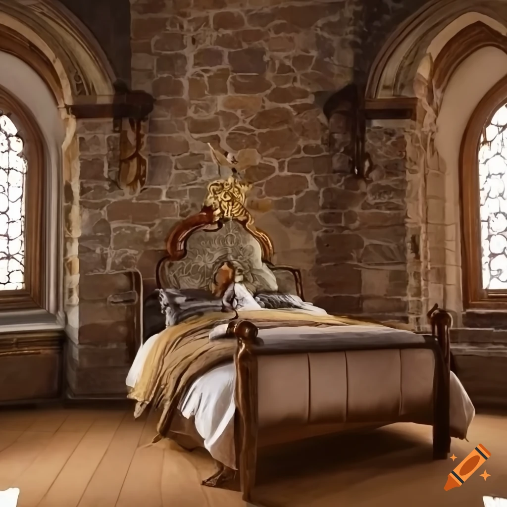 Romanesque style bedroom with masonry stone, metal, bronze, and stained ...