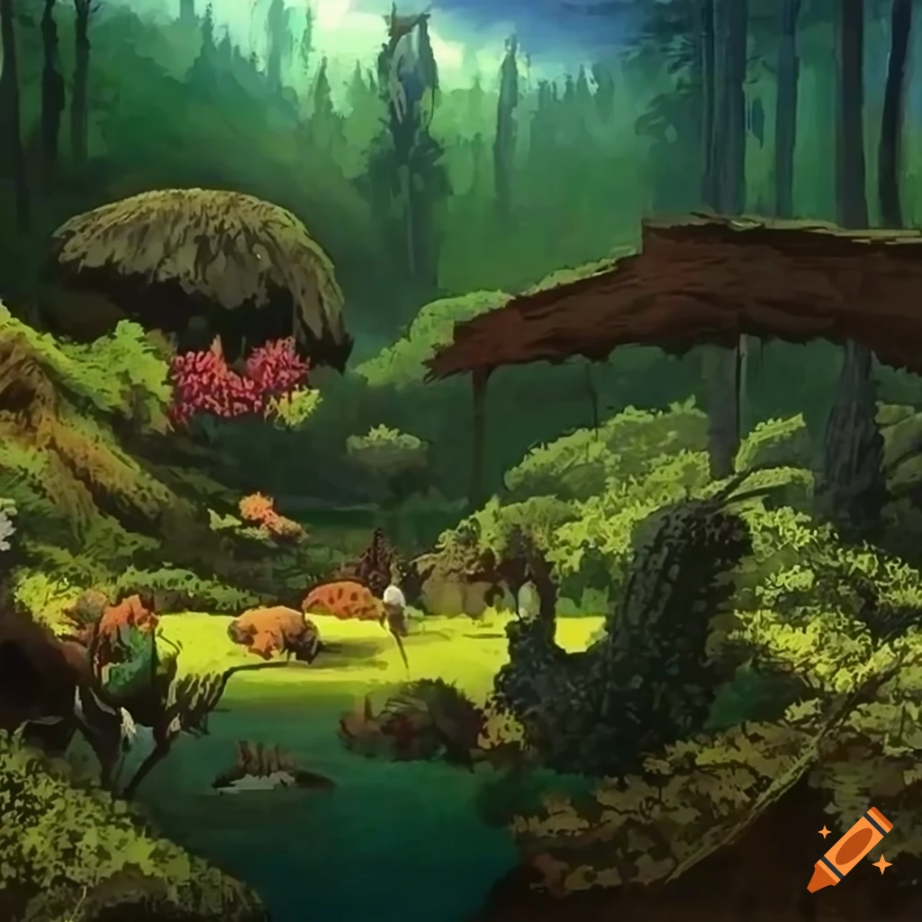 Wide angle panorama of the biblical garden of eden with fantastical elements and paleolithic ...