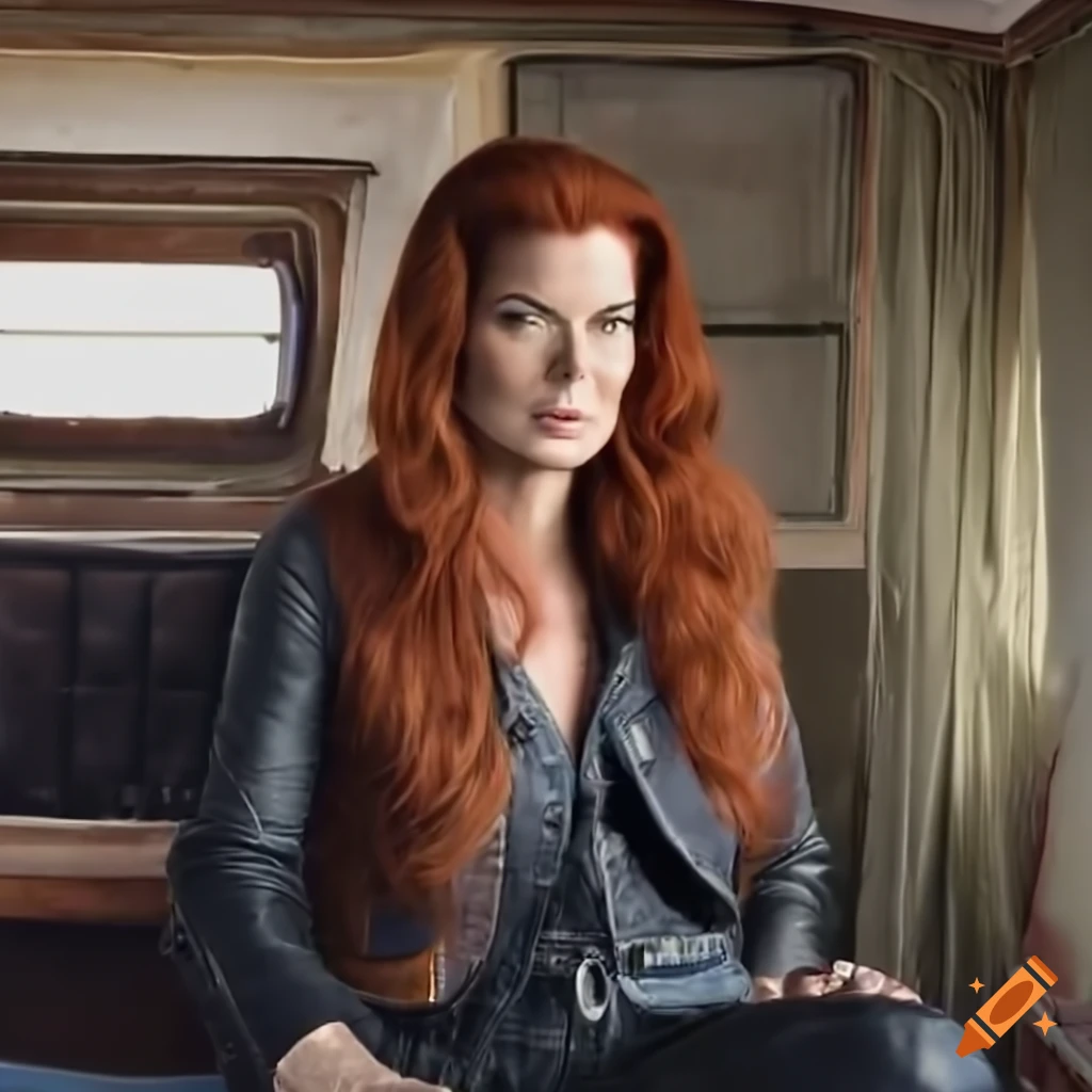 Young woman in outlaw biker style outfit sitting in a caravan trailer ...