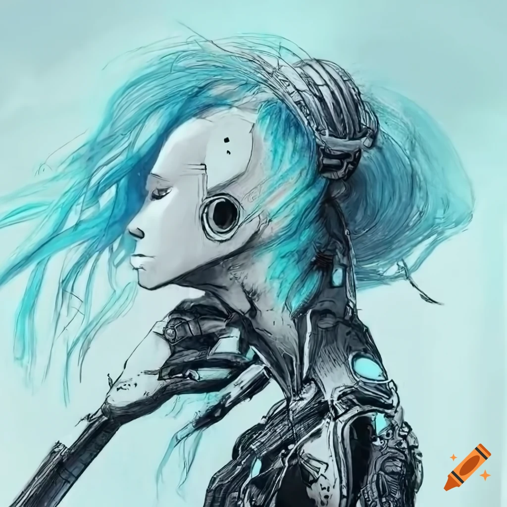 Male cyborg with cyan hair in futuristic black ink art by katsuhiro ...