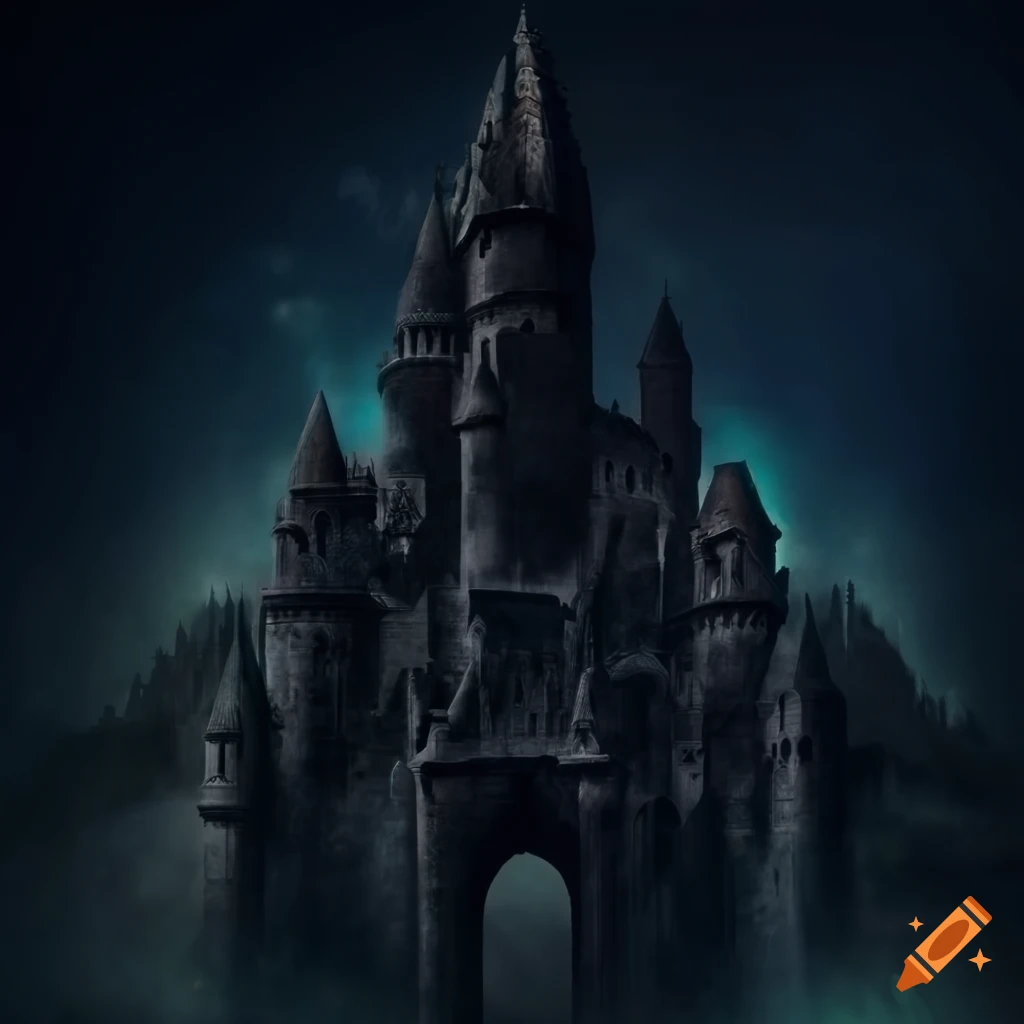 Dark medieval castle with evil elements like gargoyles and shadows on ...