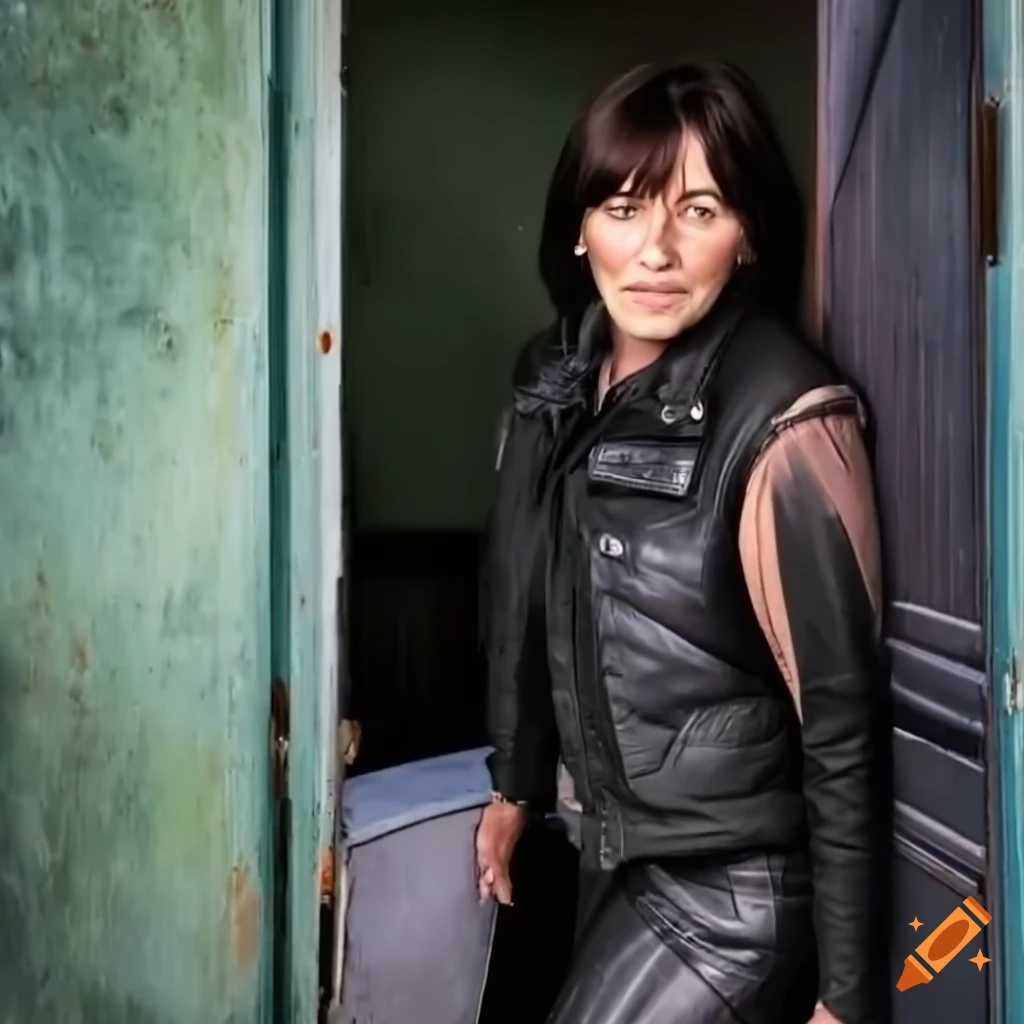Young woman in outlaw biker style attire standing in a doorway on Craiyon