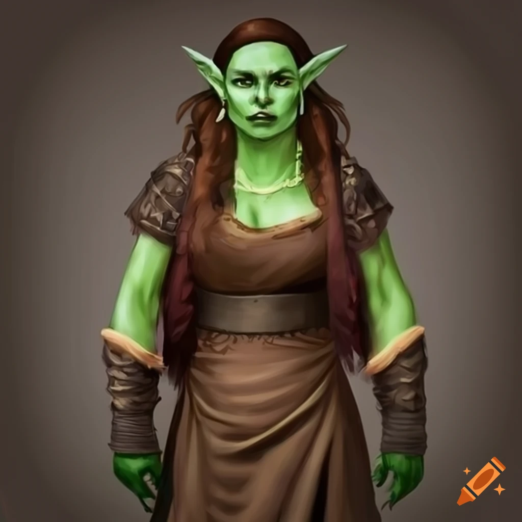 Friendly half-orc woman in medieval attire on Craiyon