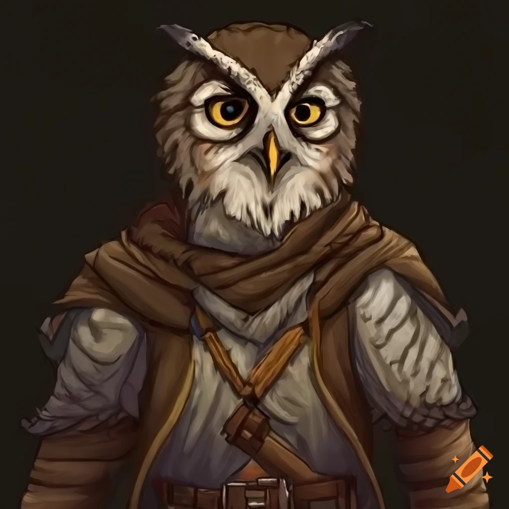 Portrait of male owlfolk rogue in light epic attire on Craiyon