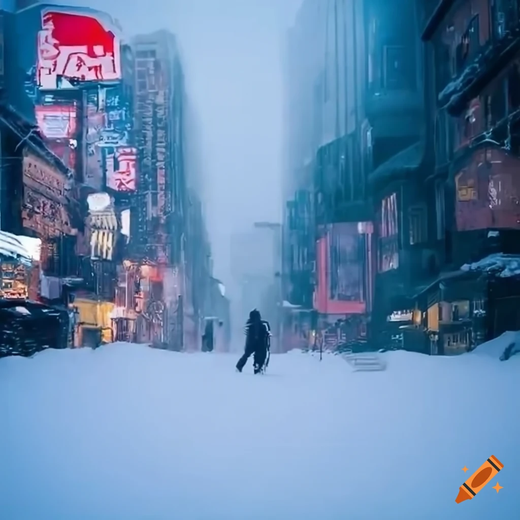 Snow-covered cyberpunk city street after an extreme earthquake on Craiyon