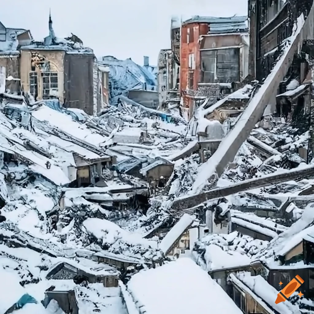 Snow-covered ruined city street with collapsed buildings and debris on ...