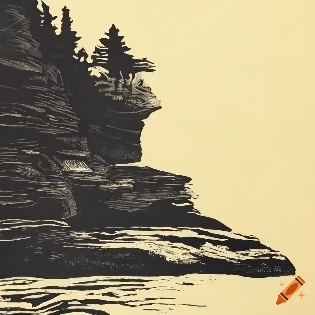 Monochromatic linocut of Pictured Rocks State Park, Michigan on Craiyon