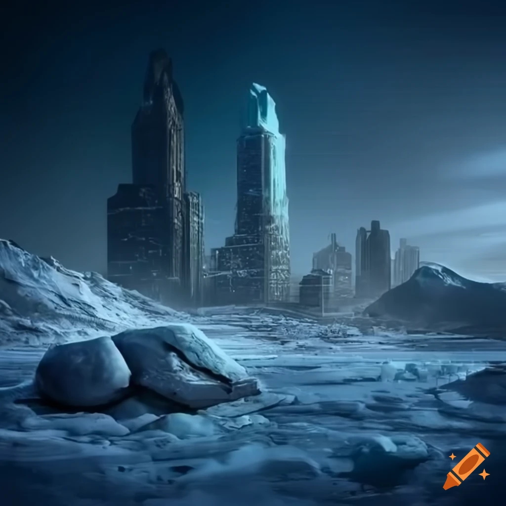 Glacier ice boulders in a bright cinematic arctic city setting on Craiyon