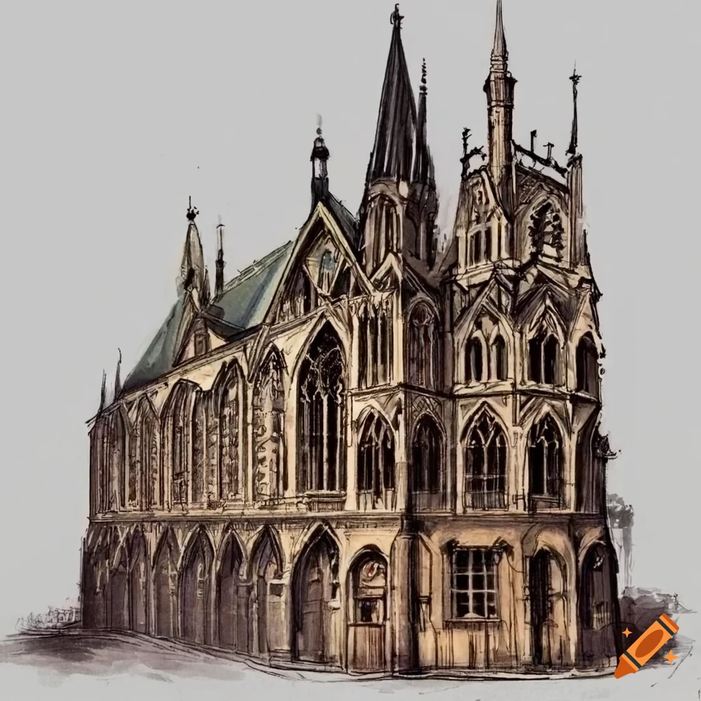 Architectural drawings of a gothic style building on Craiyon