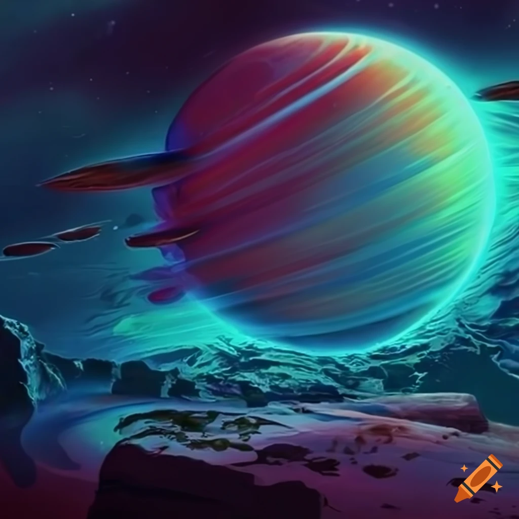 Alien planet with vibrant blue glowing flora and rocky terrain on Craiyon