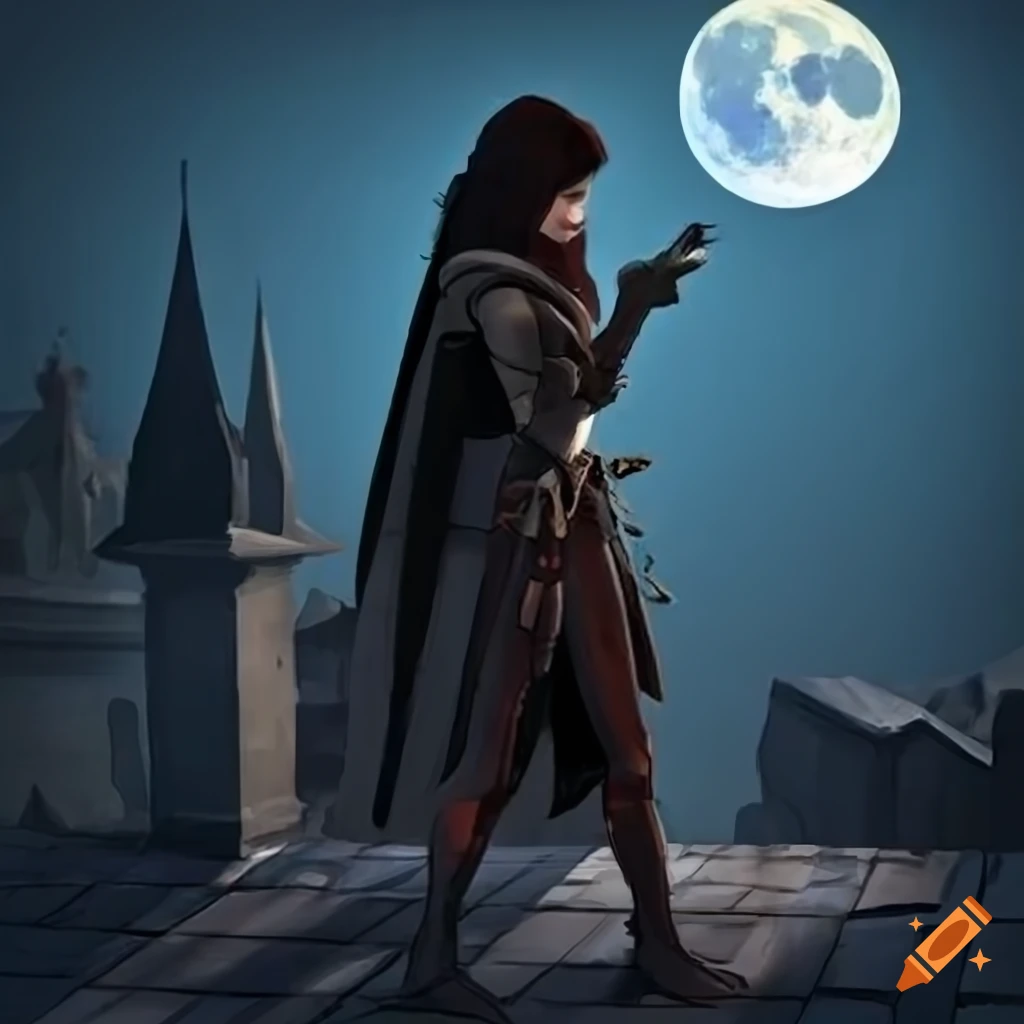 Mysterious rogue character in renaissance attire on a moonlit rooftop ...