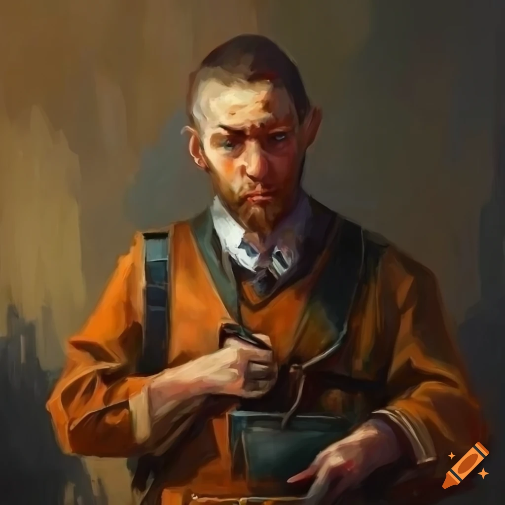 Portrait of a trader with a leather rucksack in concept art style on ...