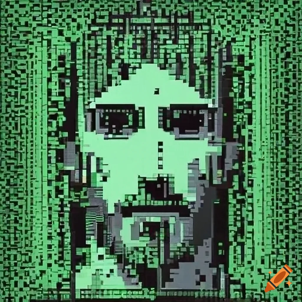 Pixelated Jesus face in matrix code ascii art style on Craiyon