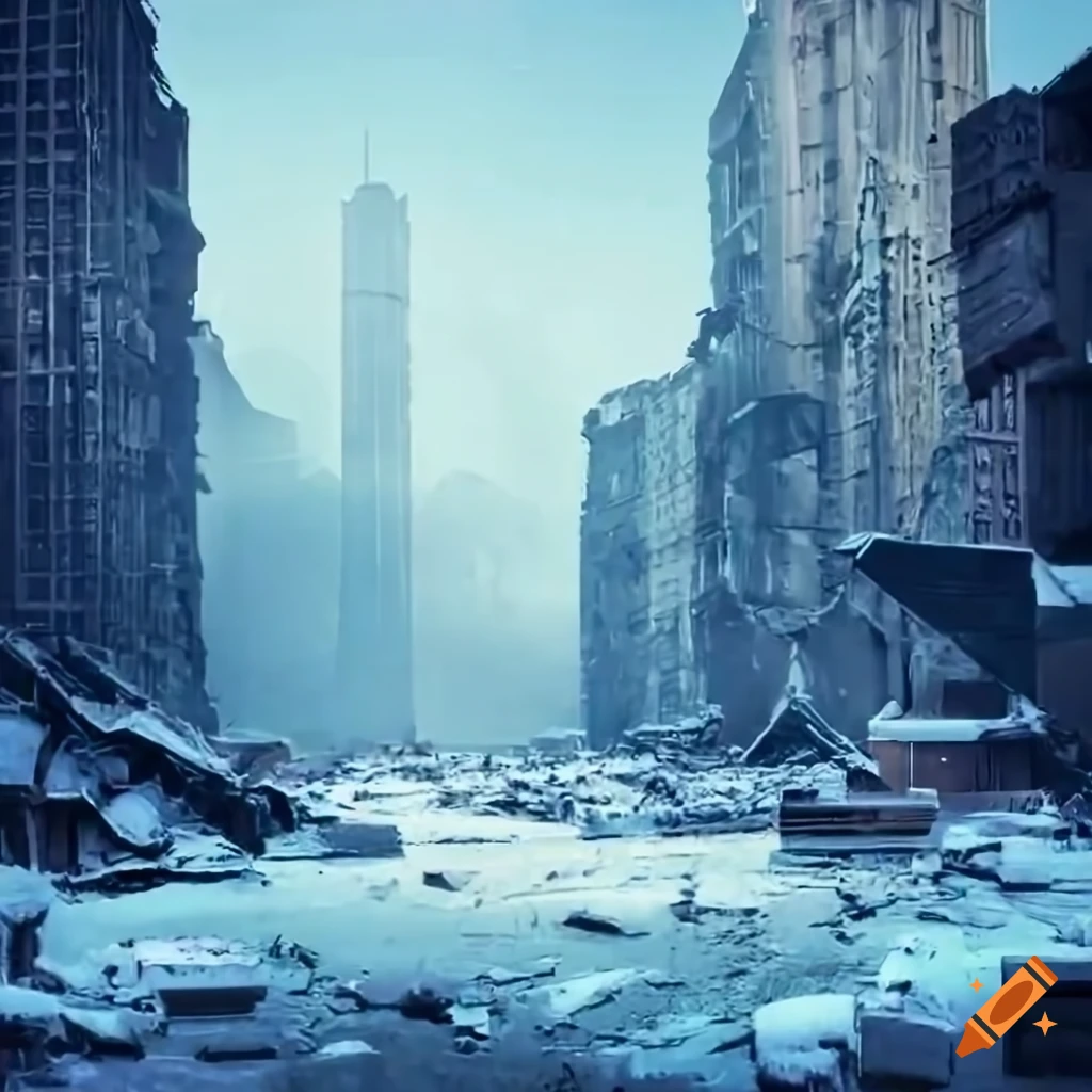 Snow covered ruins of a city with damaged mecha and collapsed scifi ...