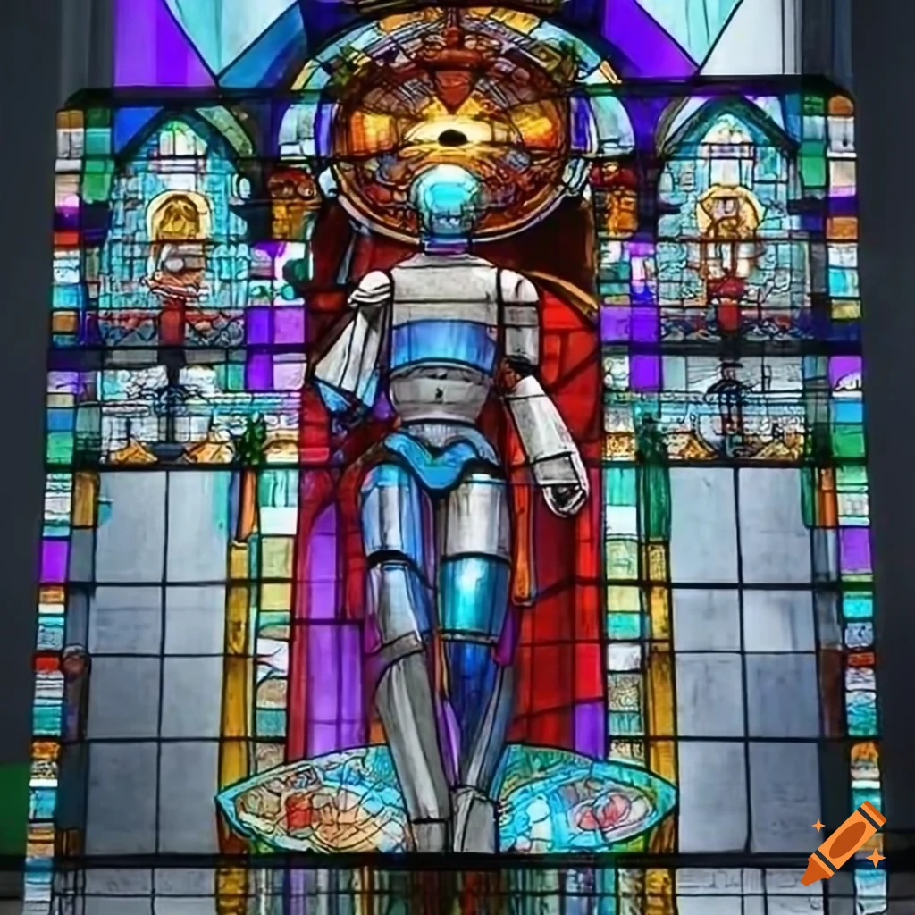 Stained glass window of a religious robot leader and savior for all ...