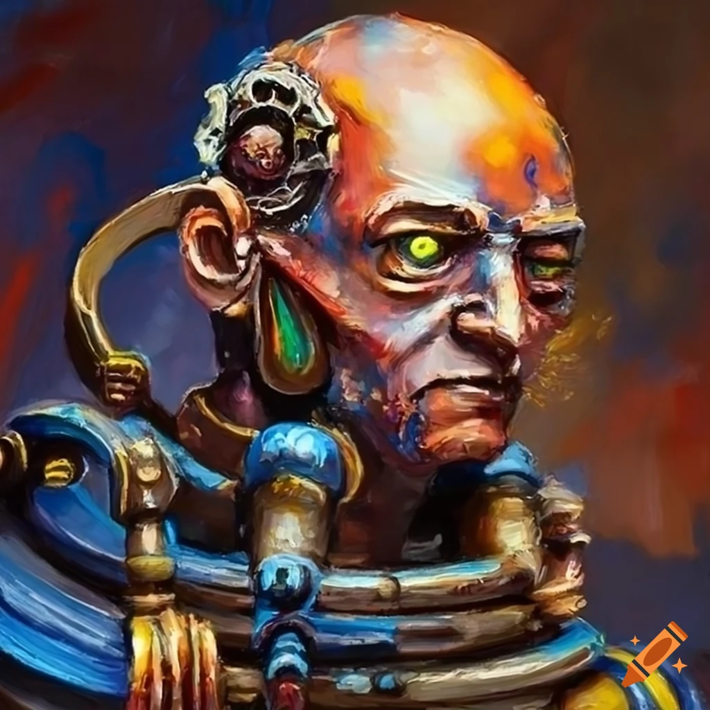 Robot priest painted in thick oil paint with big brush strokes on Craiyon