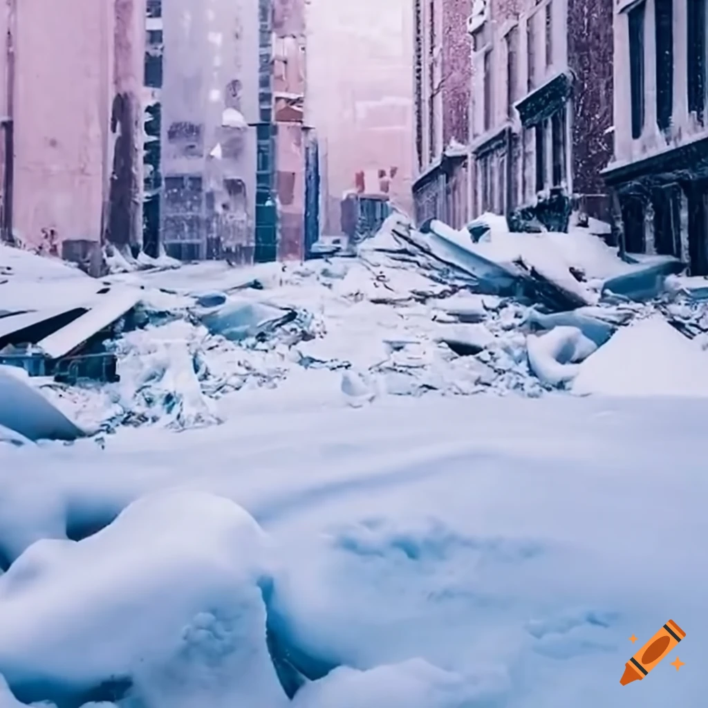 Debris in snowy landscape with ruined city street and collapsed ...