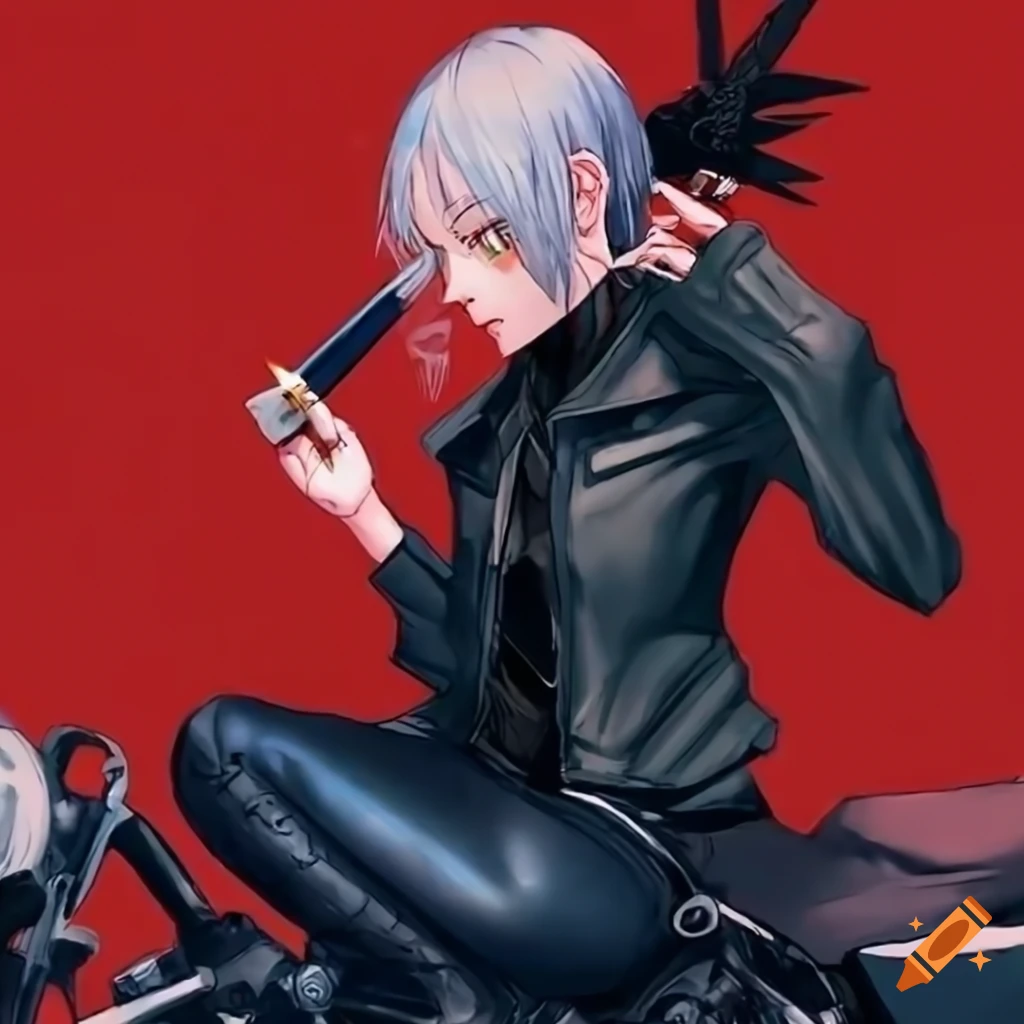 Yoru from Chainsaw Man in biker leather smoking on a motorcycle on Craiyon